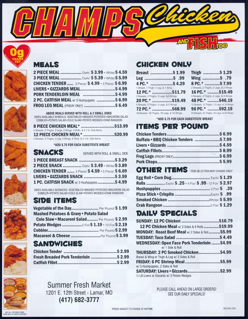 Take Out Menu For Champs Chicken And Fish At Summer Fresh